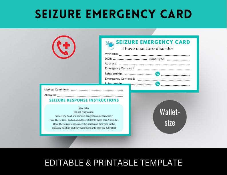 Editable Seizure Card Epilepsy Card Medical Card Seizure Awareness ...