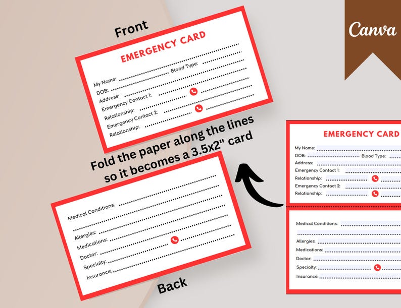 Editable in Case of Emergency ID Card Medical Alert Card Emergency ...
