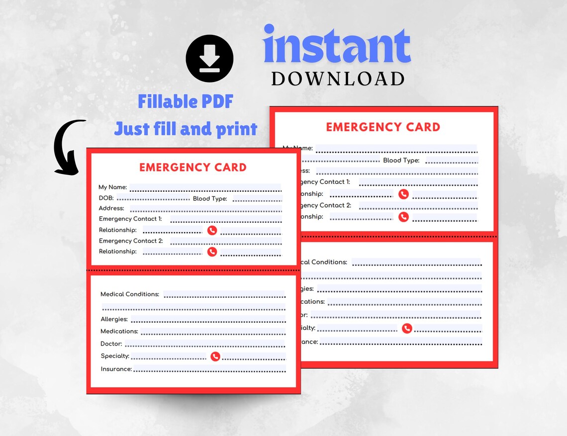Editable in Case of Emergency ID Card Medical Alert Card Emergency ...