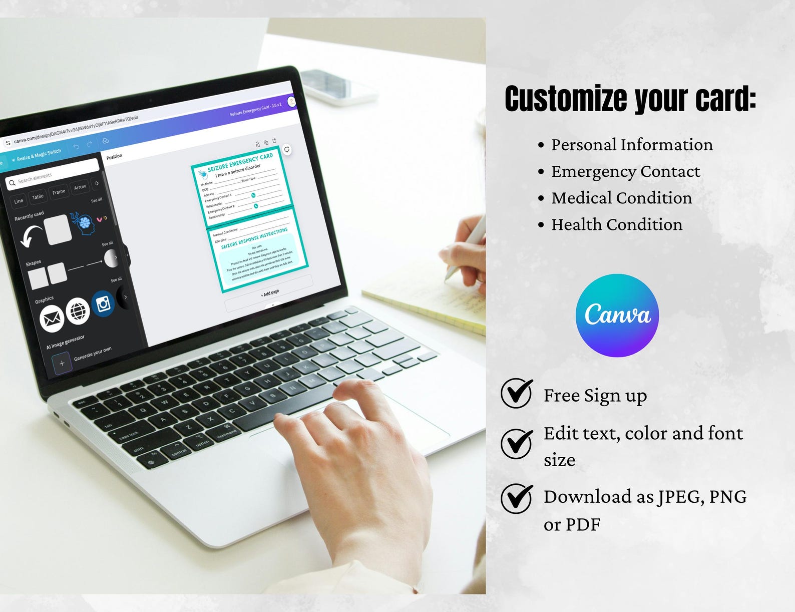 Editable Seizure Emergency Card: Medical Alert Wallet Template (digital ...