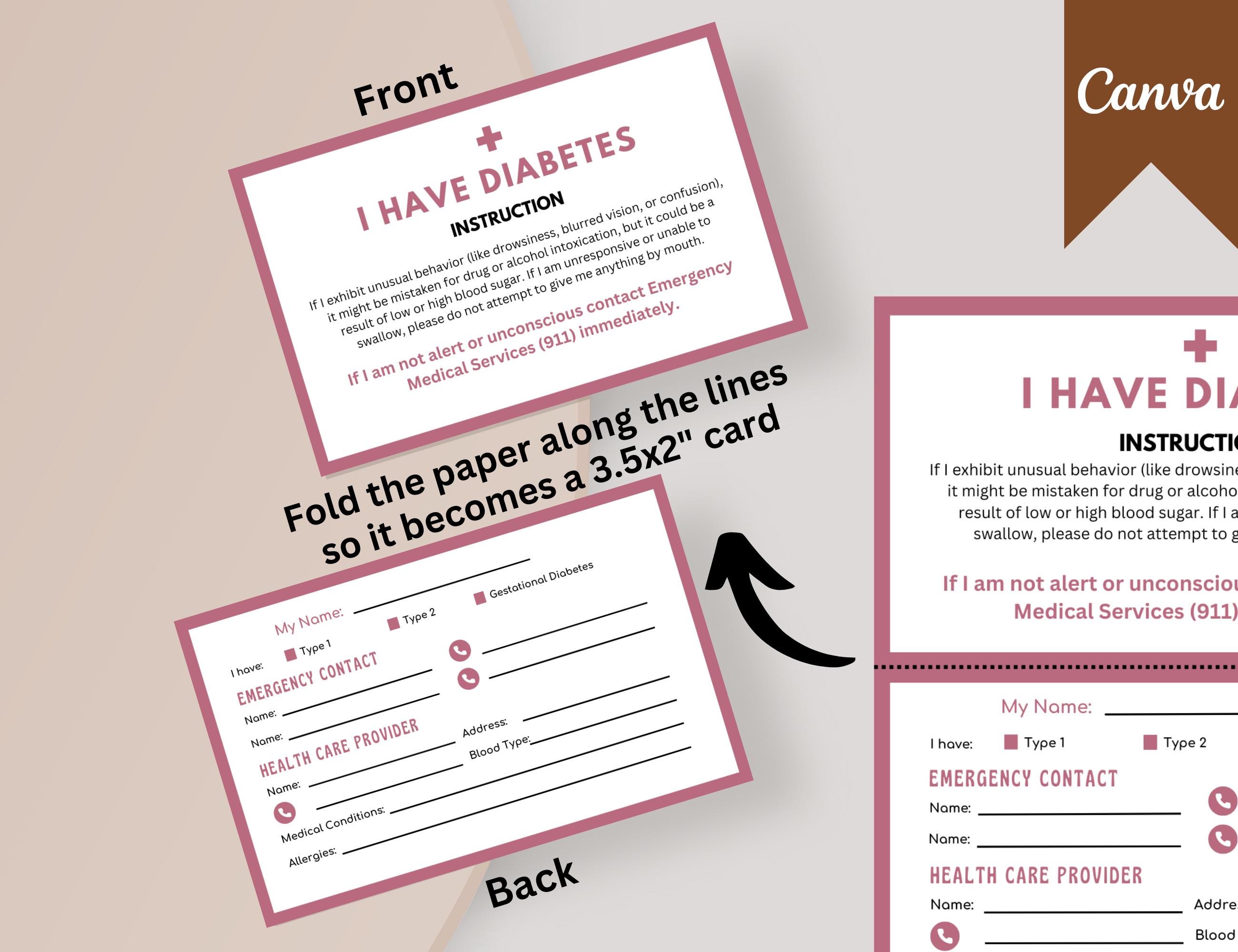 Editable Diabetic Card Template Emergency Card for Wallet Emergency ...