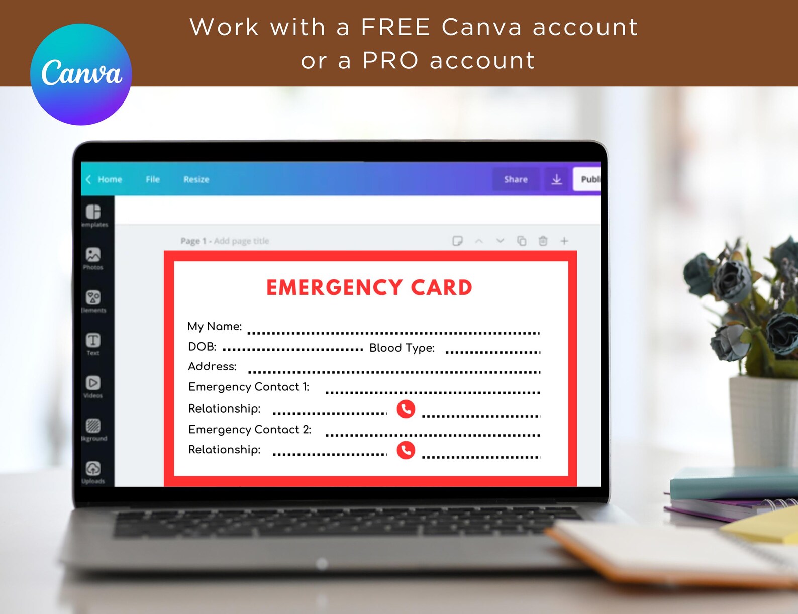 Editable in Case of Emergency ID Card Medical Alert Card Emergency ...