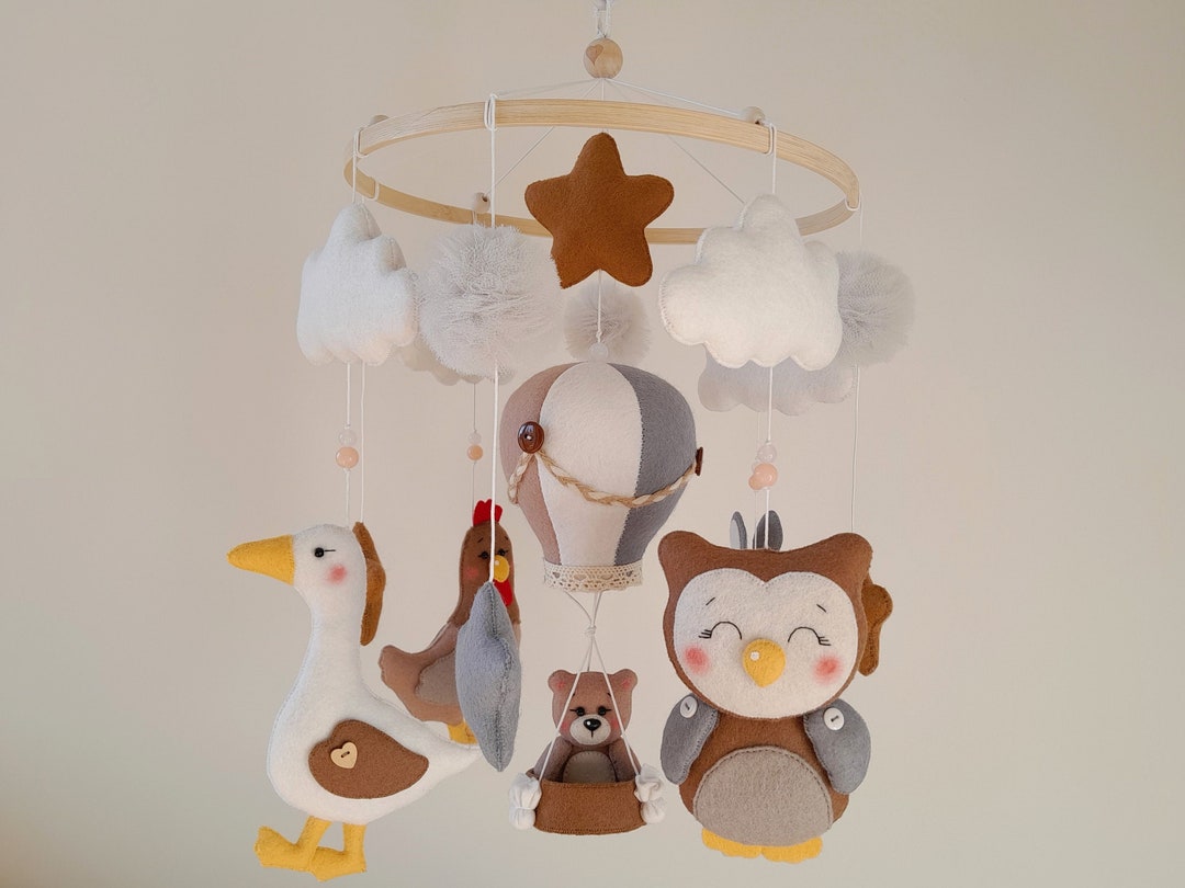 Vintage Style Baby Crib Mobile, Beige and Grey Baby Crib, Gender ...