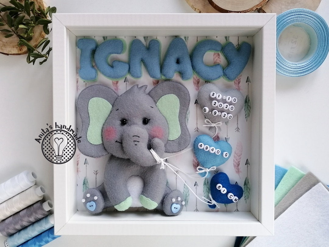 Baby Announcement Frame With Name, Elephant Nursery Wall Art, Newborn ...