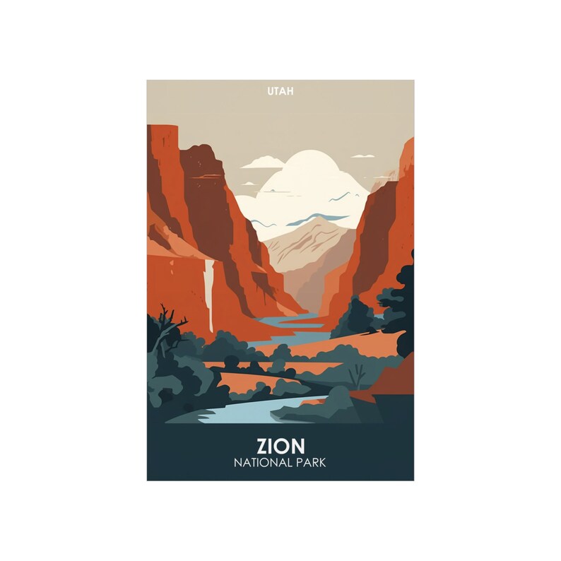 Zion National Park Poster - Red, Orange, and Teal - Scenic Landscape ...