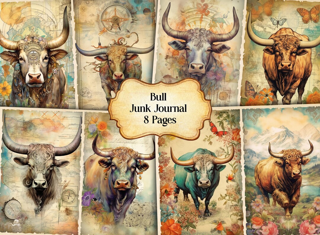 Watercolor Bull Junk Journal Printable Page, Bull Junk Journal Kit,junk ...