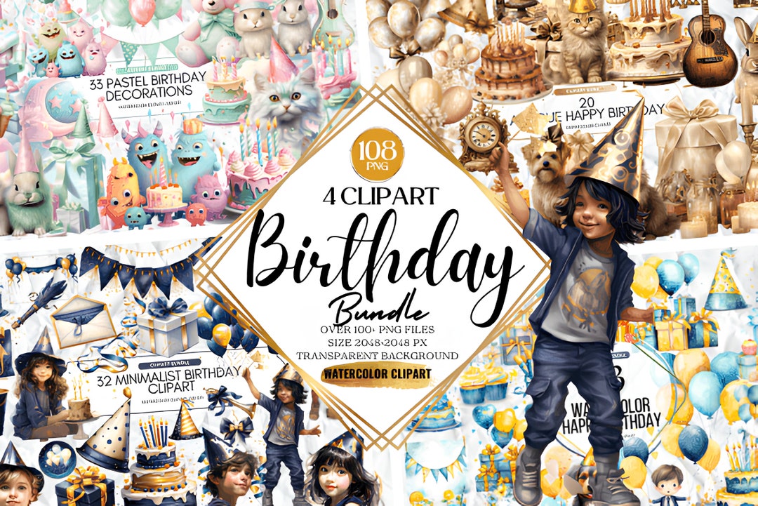 Megabundle 108 Happy Birthday Clipart, Girl Birthday Clipart, Birthday ...