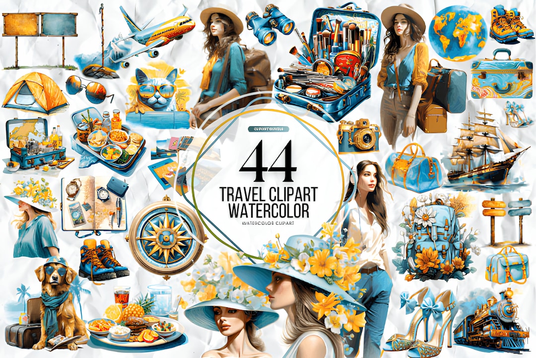 Watercolor Travel Clipart | Vacation Holiday Graphics, Plane, Suitcase ...