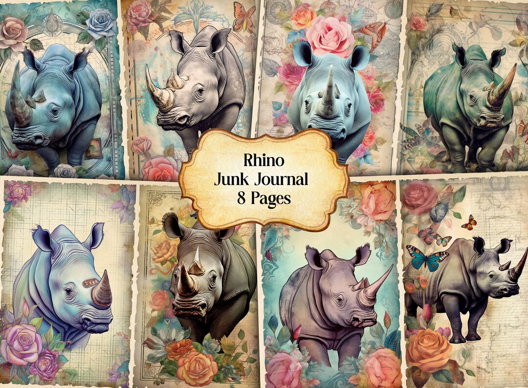 Watercolor Rhino Junk Journal Printable Page, Rhino Junk Journal Kit ...