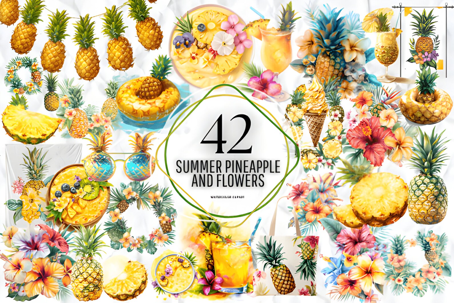 Summer Pineapple and Flowers Clipart - Digital Png Tropical Fruit ...