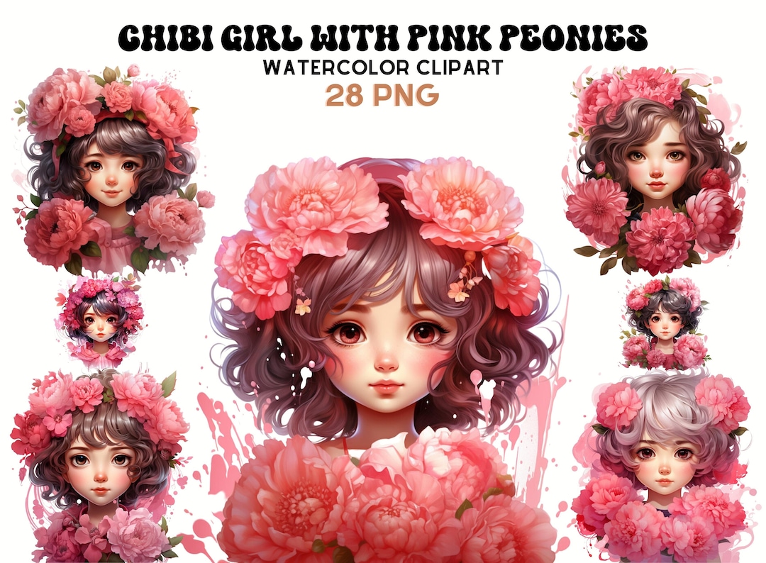 Chibi Girls With Pink Peonies, Watercolor Girls, Cute Illustrations ...