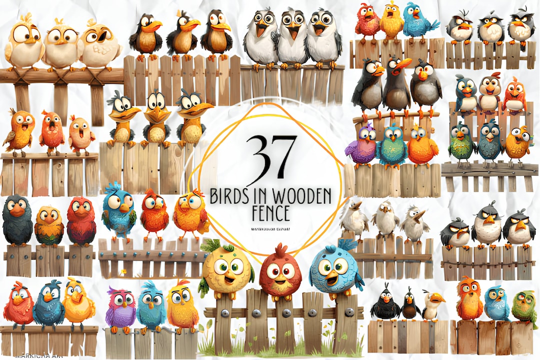 Funny Birds on Fences Clipart 37 Png, Cute Caricature Songbirds, Quirky ...