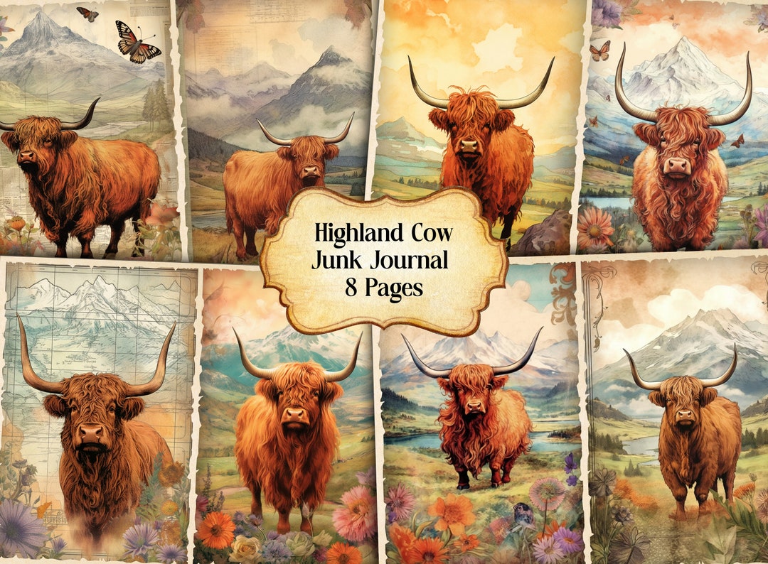 Watercolor Highland Cow Junk Journal Printable Page, Cow Junk Journal ...