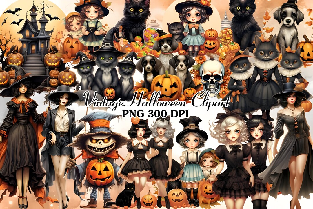 Vintage Retro Halloween Watercolor Clipart | PNG Trick or Treat Images ...