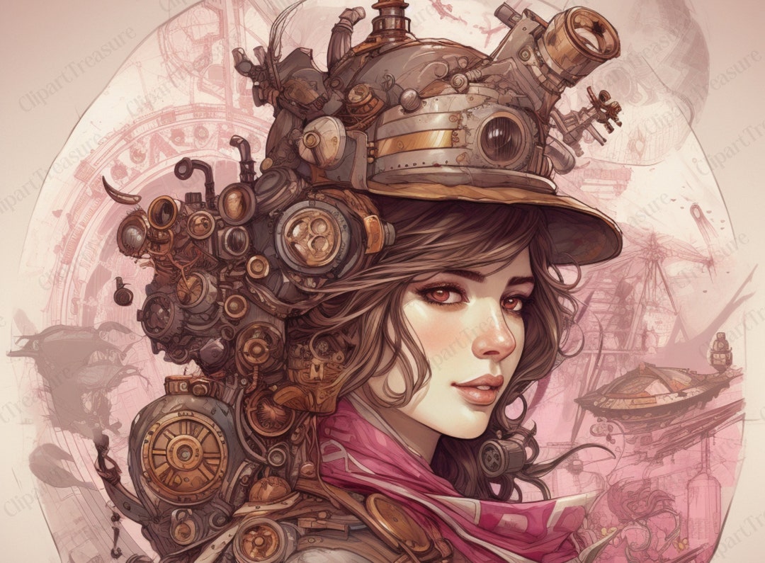 Pink Steampunk Girl Wall Art Digital, Magic Digital Art, Mystical Wall ...