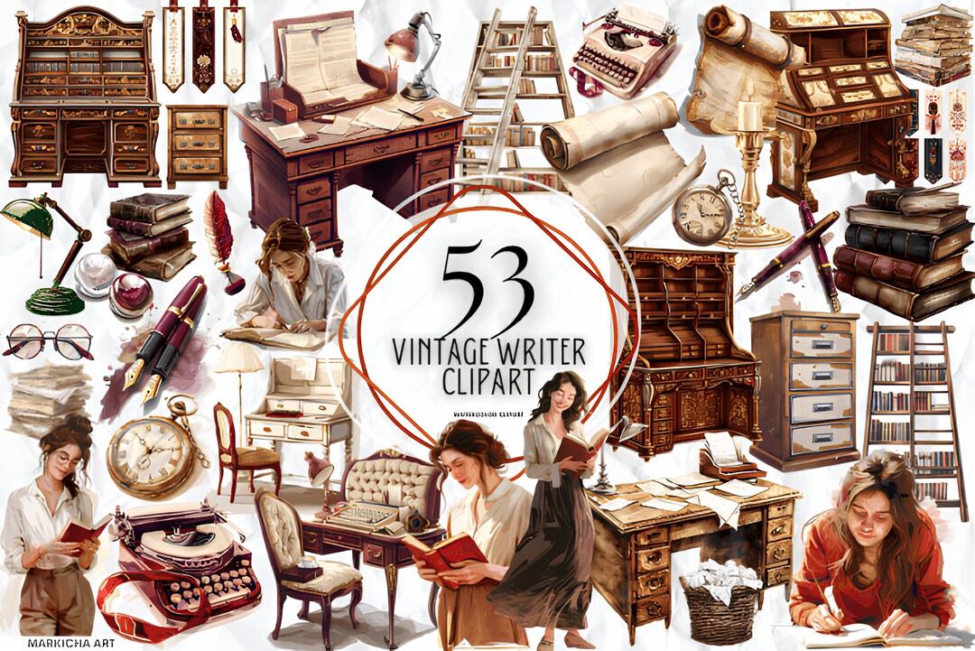 Watercolor Vintage Writer Clipart Bundle, Artist Typewriter Book ...