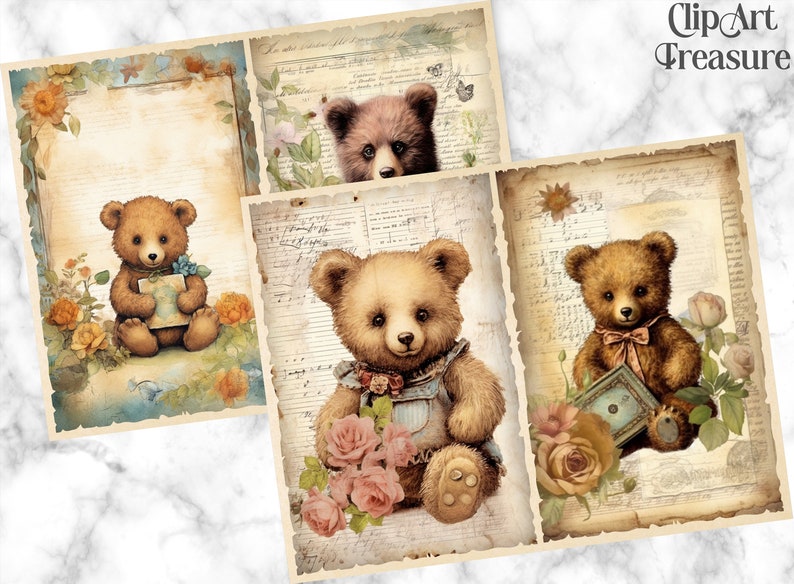 Watercolor Cute Bear Junk Journal Printable Page, Baby Bear Junk ...