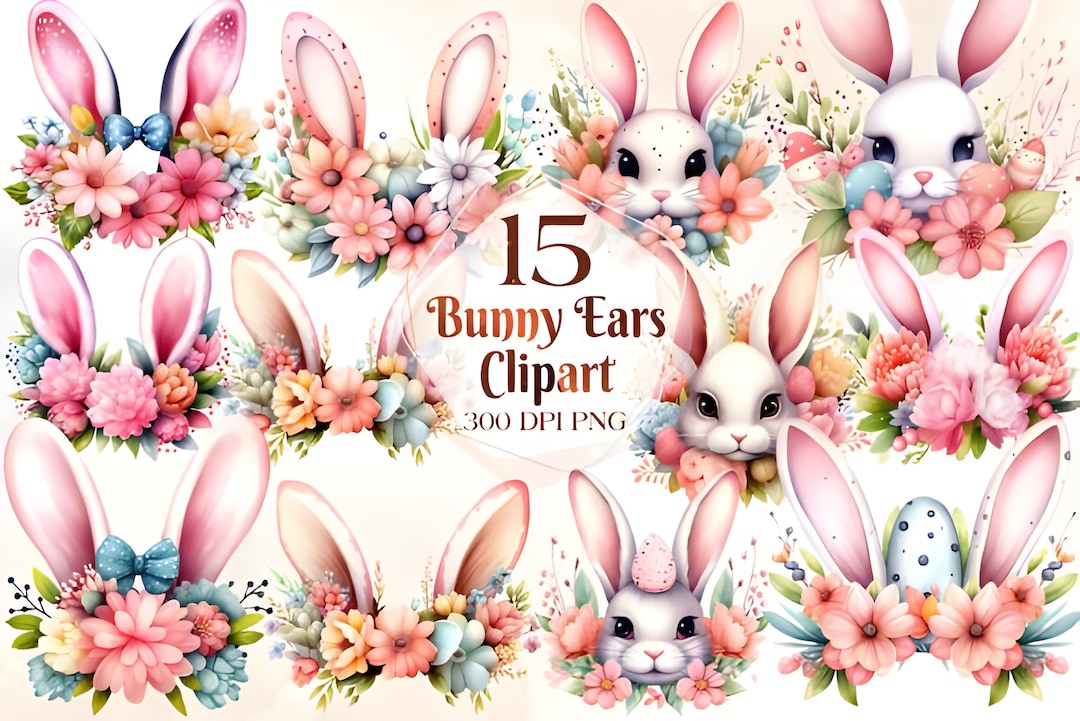 Watercolor Easter Bunny Ears Clipart, Cute Bunny Face Clip Art, Easter ...