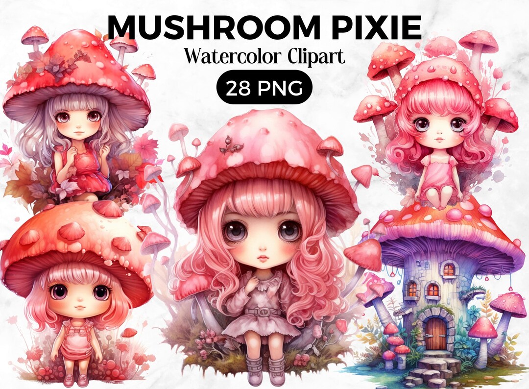 Watercolour Mushroom Pixie Clipart - Fairytale Fantasy PNG Digital ...