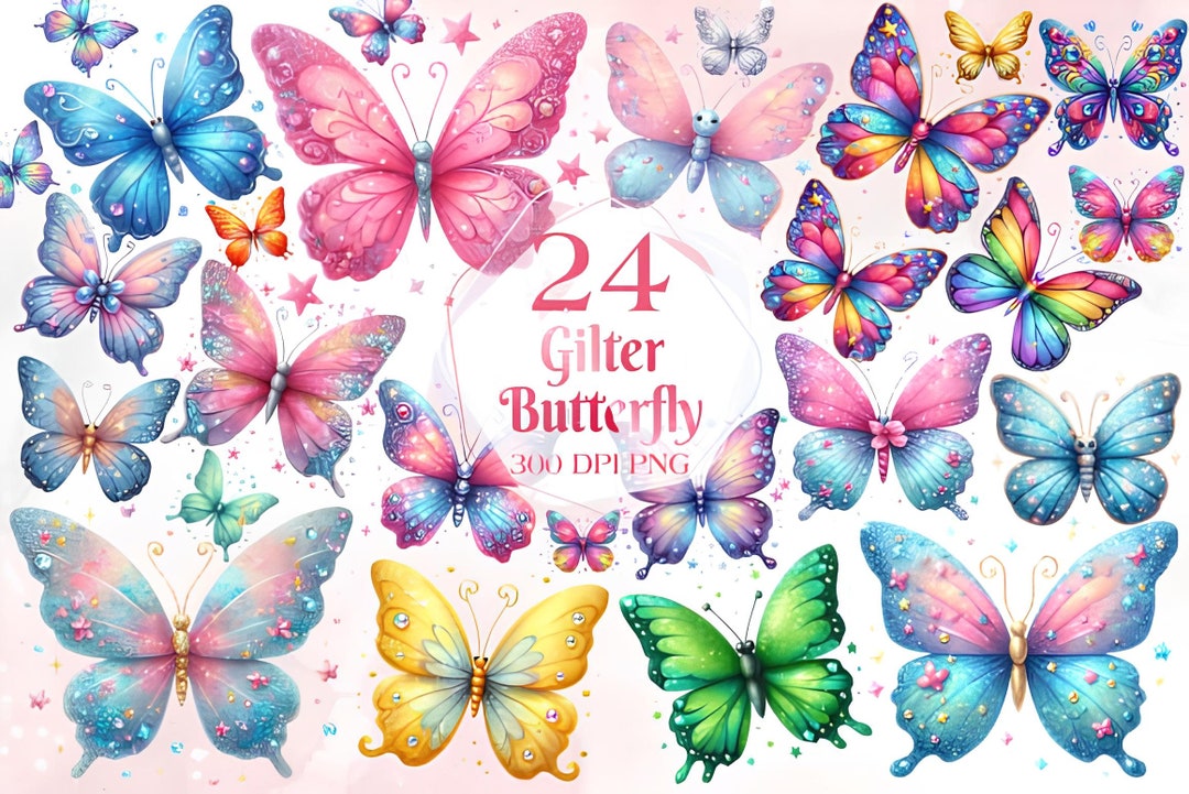 Glitter Butterflies Watercolor Clipart Bundle PNG Butterfly Flowers ...