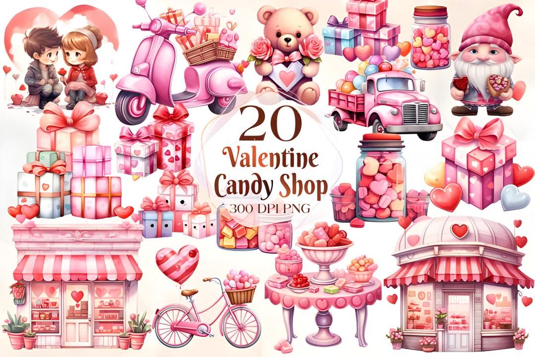 Watercolor Cute Valentines Candy Shop Clipart, 20 PNG Valentines Day ...