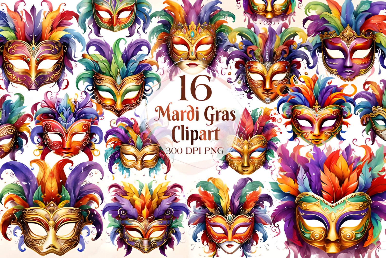 Watercolor Mardi Gras Masks Clipart PNG Bundle King Cake Clipart ...