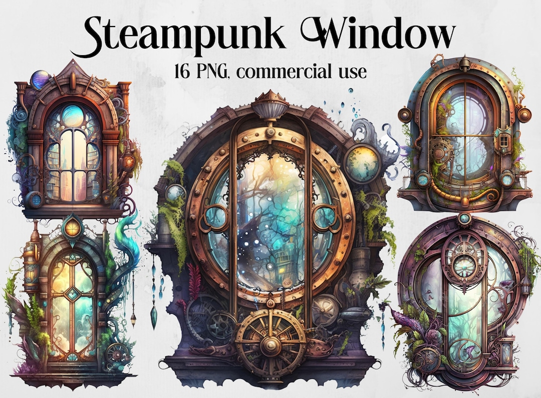 Steampunk Window Clipart, Stained Glass Clipart Watercolor Steampunk ...