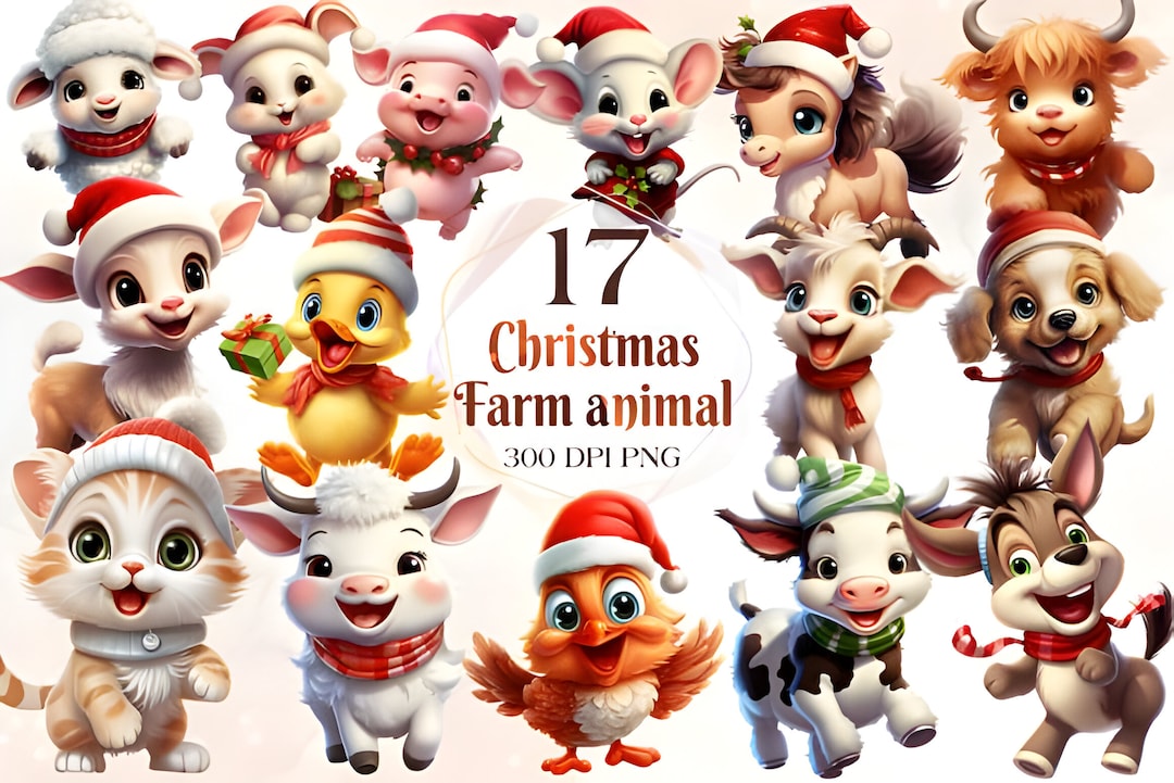 Christmas Farm Animals Clipart Bundle PNG Watercolor | Watercolor ...