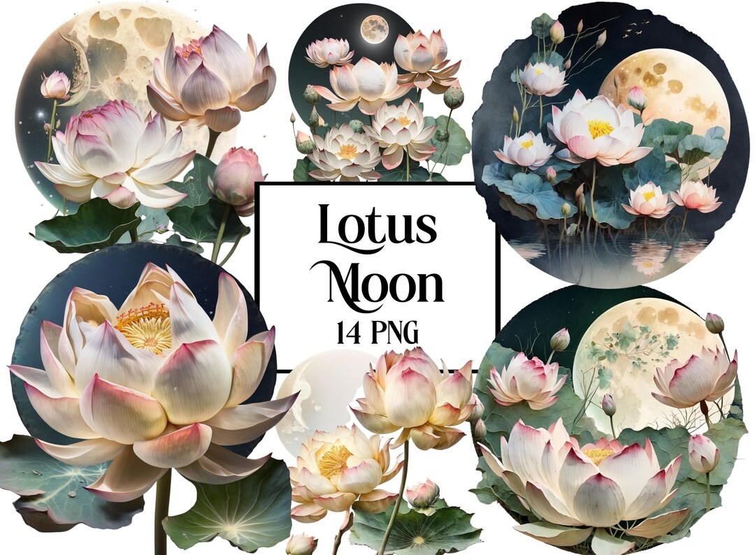 Lotus Moon Clip Art, Watercolor PNG, Lotus Pond, Flower PNG, Instant ...