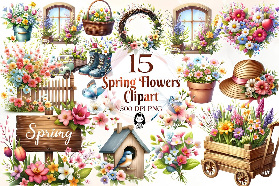 Watercolor Fresh Spring Flowers Clipart, Spring Clipart, Spring Animal ...