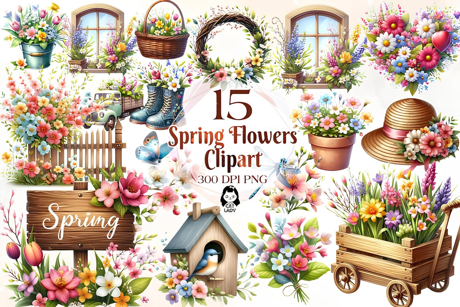 Watercolor Fresh Spring Flowers Clipart, Spring Clipart, Spring Animal ...