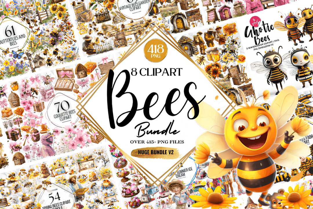Megabundle 418 Bee Clipart Cute Honey Bee PNG Insect Clipart Floral Bee ...