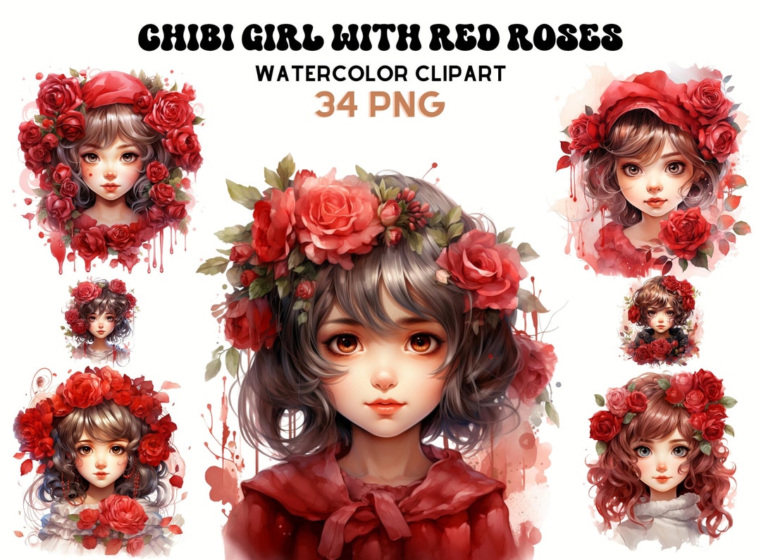 Red Roses Chibi Girls, Watercolor Girls, Cute Illustrations, Digital ...