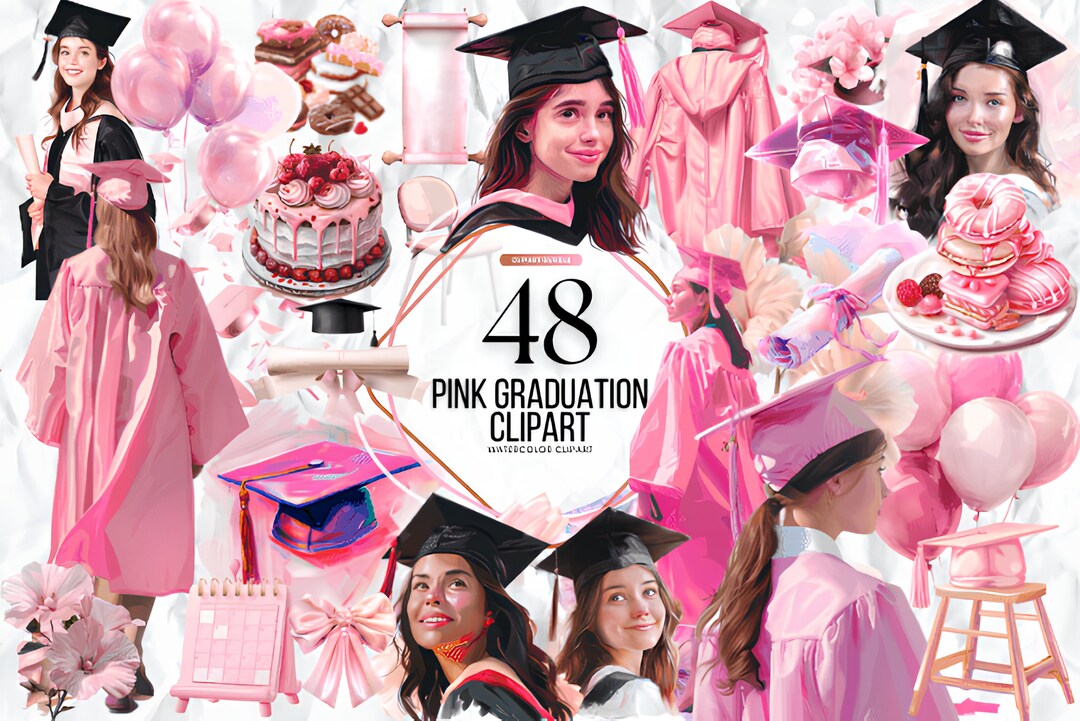 Watercolor Pink Graduation Collection Clipart, 48 PNG Grad Floral Pink ...