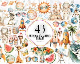 Nursery Astronaut & Summer Png Watercolor Space Clipart Bundle ...