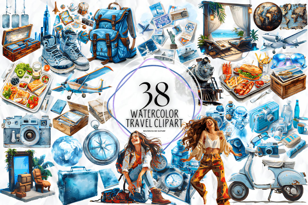 Watercolor Travel Clipart | Vacation Holiday Graphics, Plane, Suitcase ...