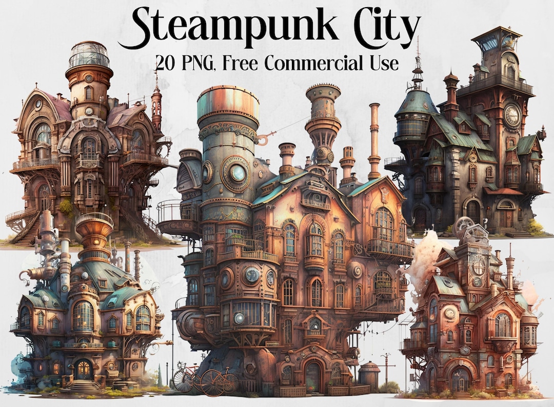 Steampunk City Clipart. Vintage Clipart, Retro Clip Art, Boho Town ...