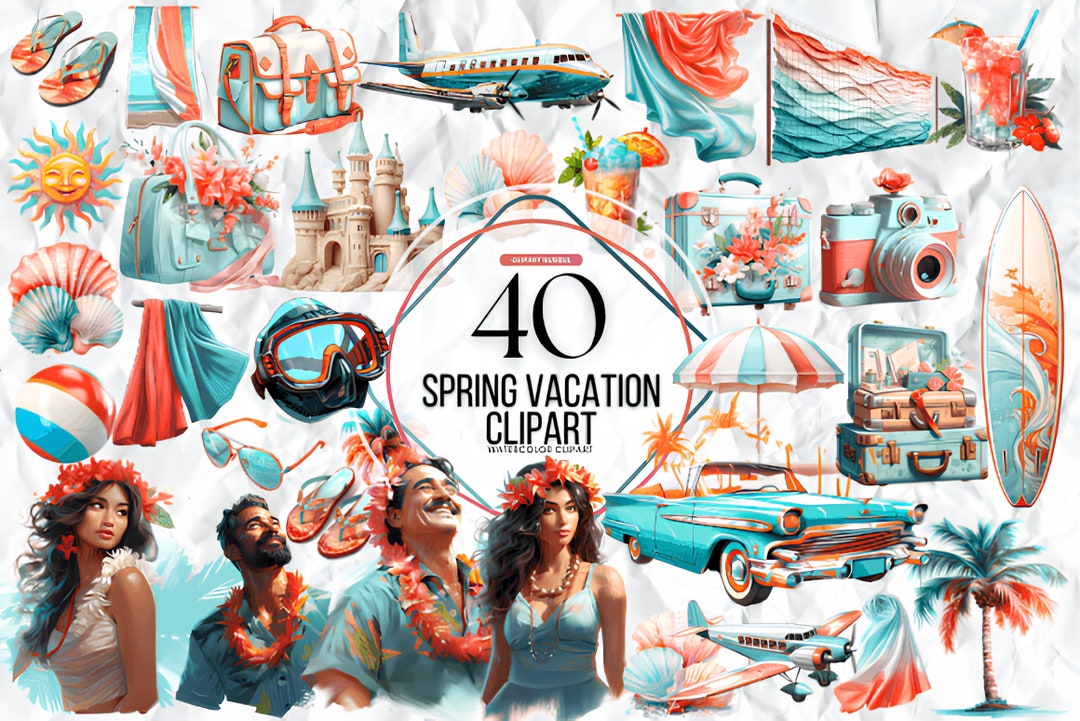 Watercolour Spring Summer Vacation Beach Vacation Clipart Bundle ...