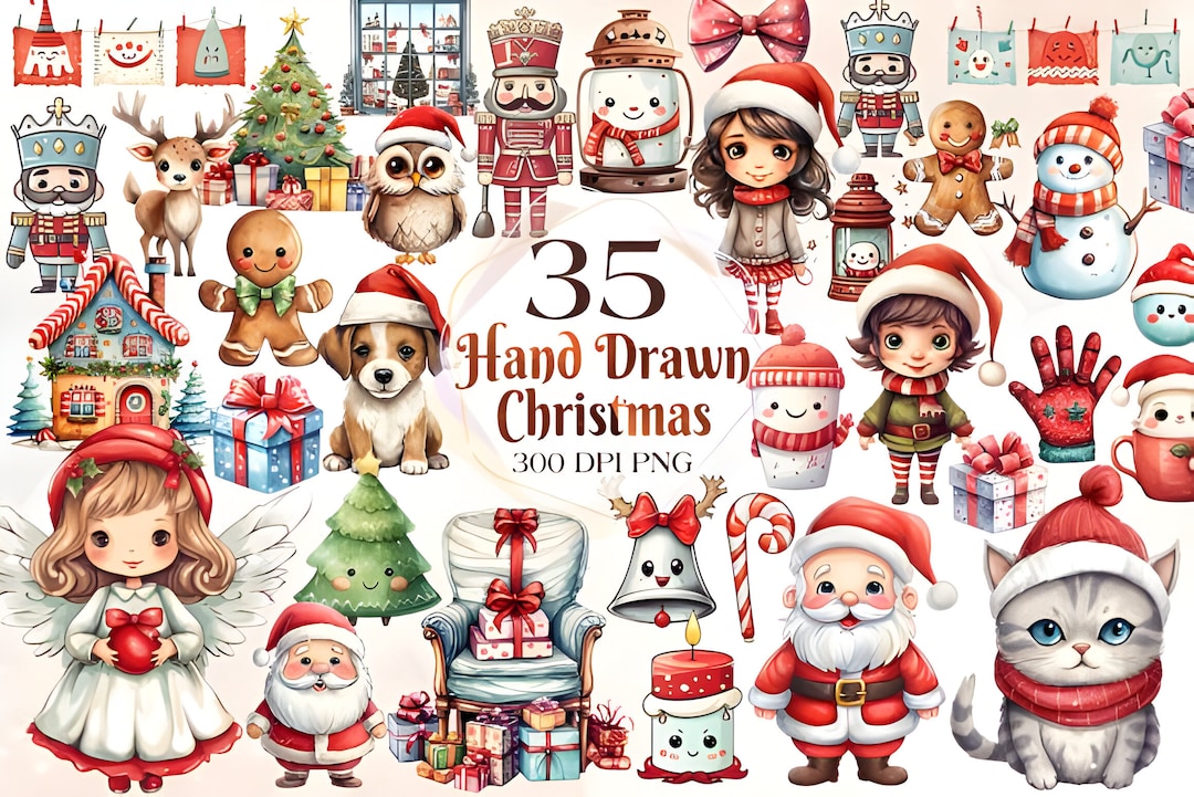 Hand Drawn Christmas Clipart | Painted Watercolor Christmas Clipart ...
