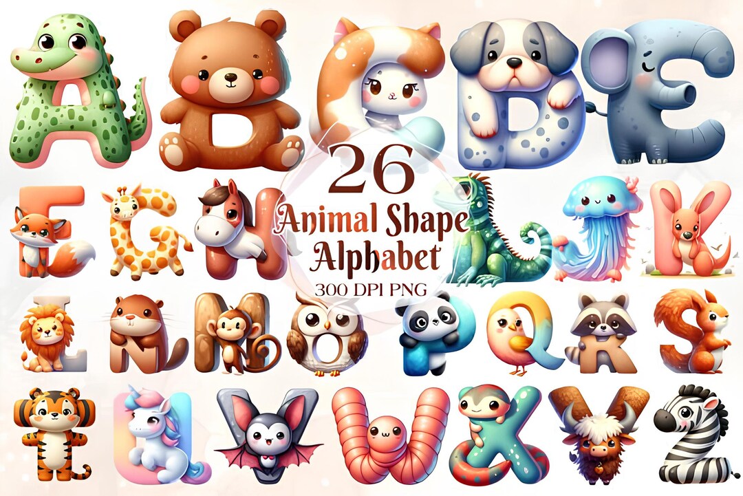 Cute Animal Alphabet Digital Watercolor Clipart, High-resolution ...
