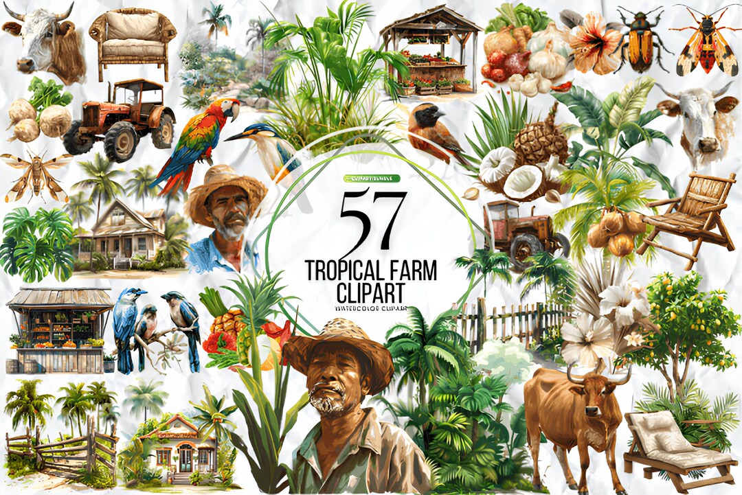 Tropical Farm Clipart, Watercolor Farm Animal PNG, Animals, Spring ...