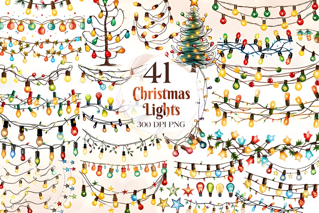 Christmas Lights Clipart Bundle, Watercolor Glowing Garland PNG Gift ...