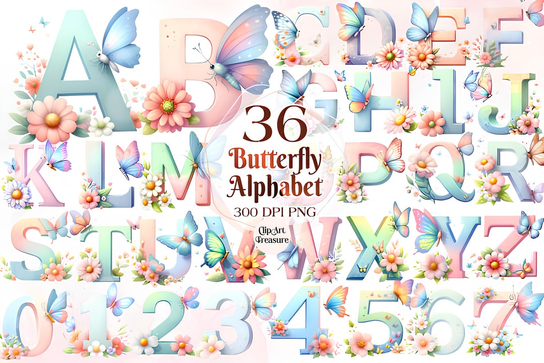 Watercolor Butterfly Alphabet Clipart, Pastel Alphabet PNG, Baby ...