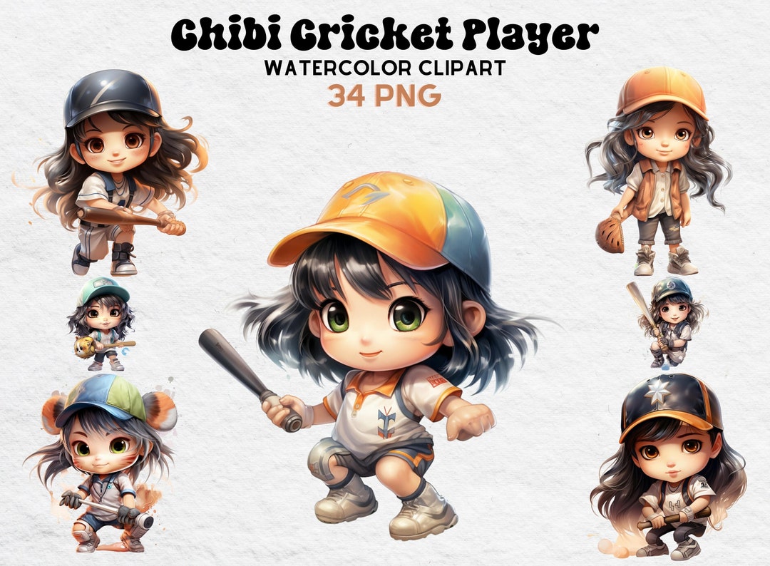 Cute Chibi Cricket Girls, Watercolor Girls, Cute Illustrations, Digital ...