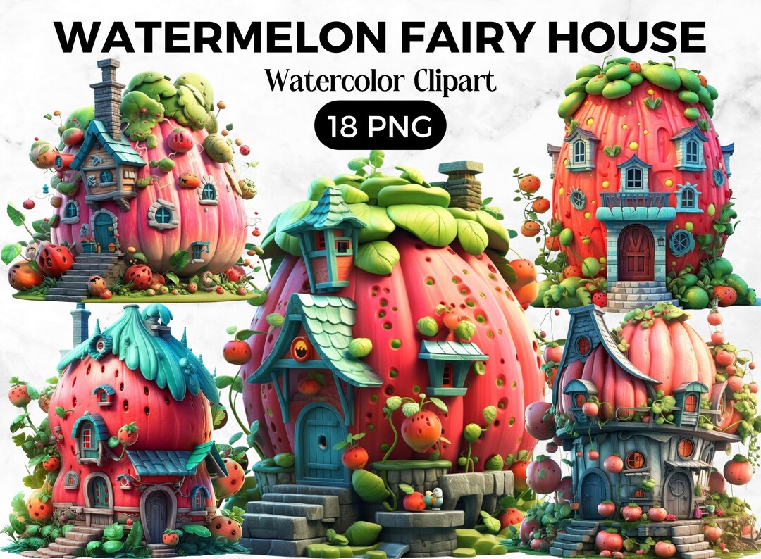 Watermelon Fairy House Watercolor Fantasy Clipart,kids Art Clipart ...