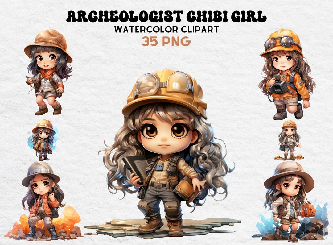 Cute Archeologist Chibi Girls,watercolor Girls, Cute Illustrations ...