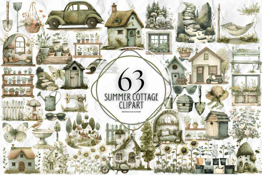Watercolor Summer Cottage Clipart, Cottagecore Clipart, Watercolor ...