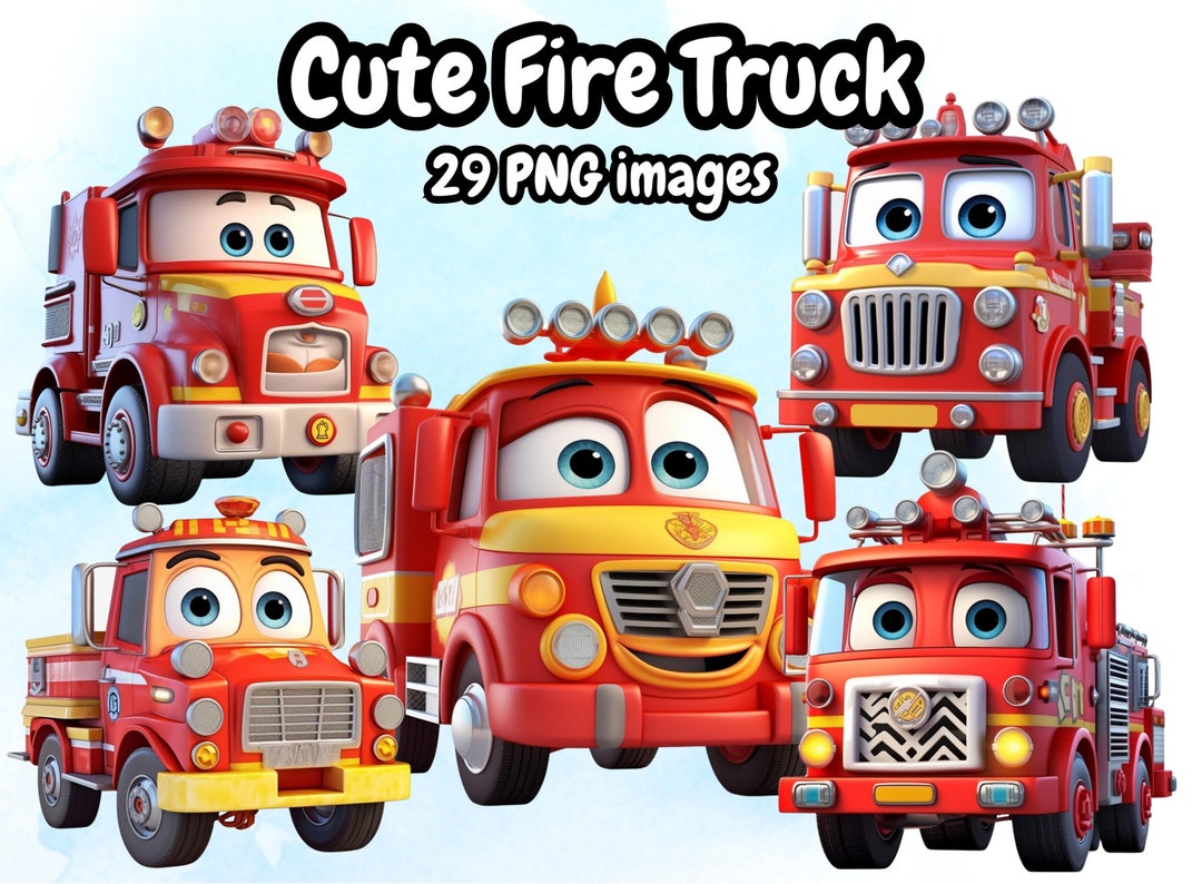 Cute Fire Trucks Clipart, Fire Cute Trucks Cartoon for Kids,instant ...