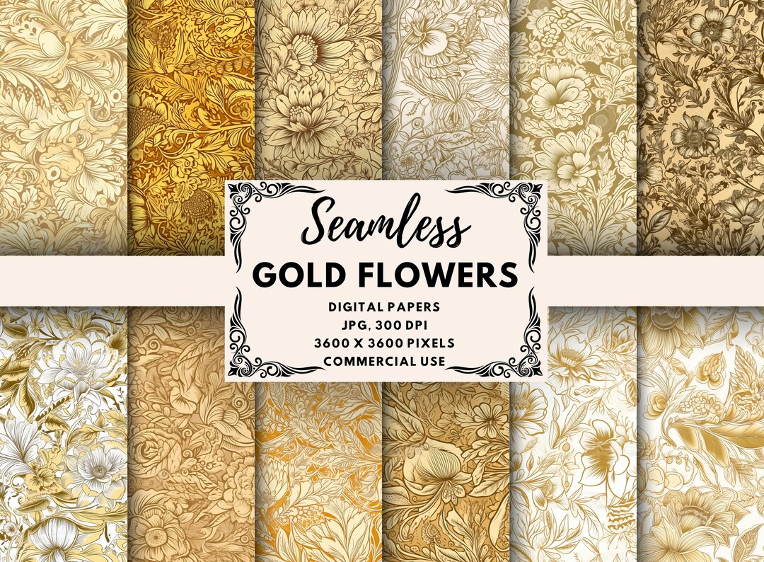 Gold Flowers Digital Paper, Flowers Seamless Pattern, Floral Prints ...