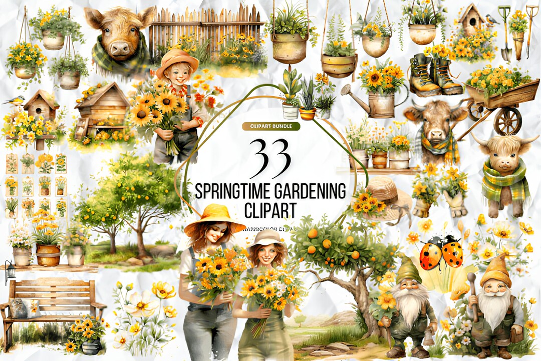 Watercolor Springtime Gardening Clipart Bundle, Watercolor Gardenings ...